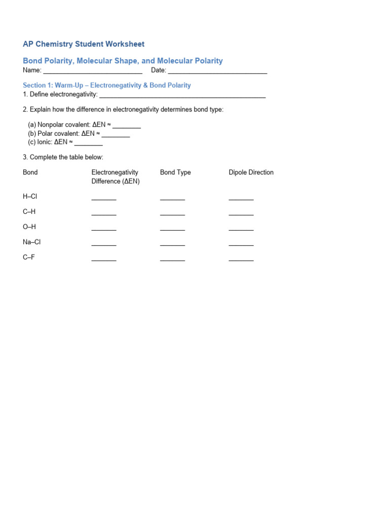 AP Chemistry Bond Polarity Molecular Shape Polarity Student Worksheet ...