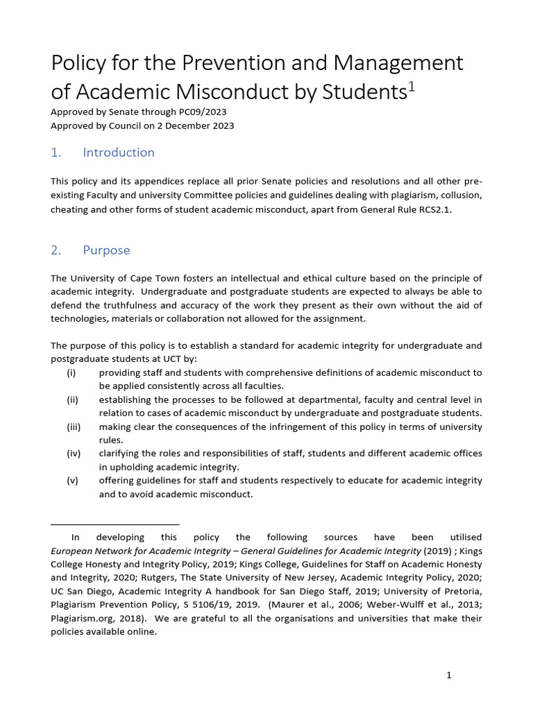 UCT Academic Misconduct Policy Overview | PDF | Plagiarism | Academic ...