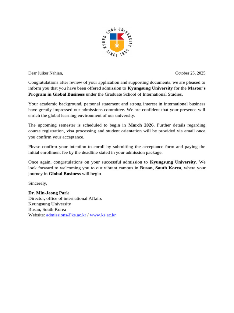 Kyungsung University Offer Letter | PDF