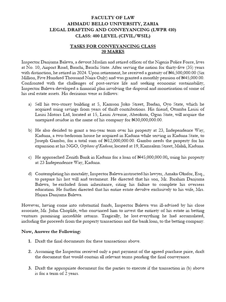 Legal Drafting Tasks for Conveyancing Class | PDF | Private Law ...