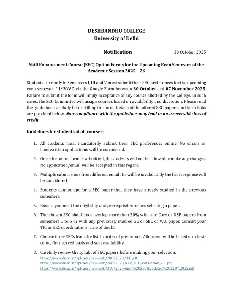 SEC Option Forms Even Sem 2025-26 | PDF
