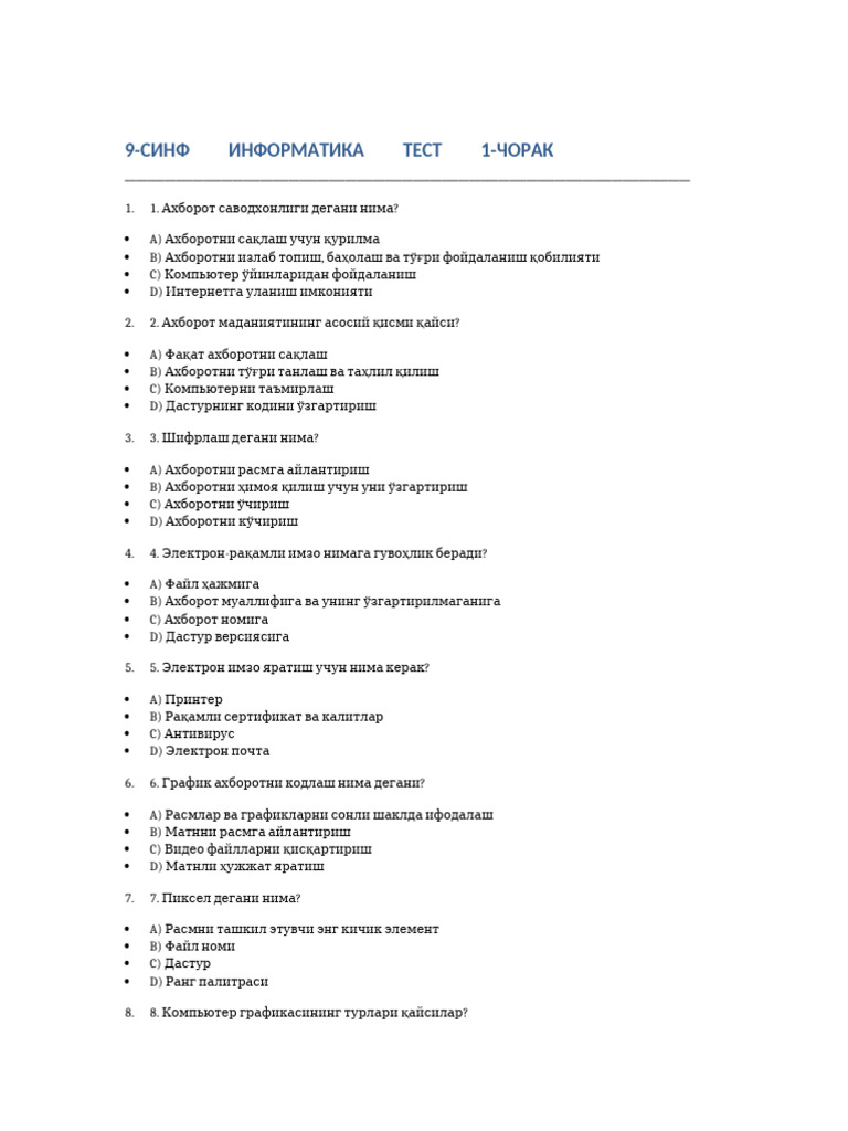 9-Sinf Informatika Test 1-Chorak | PDF