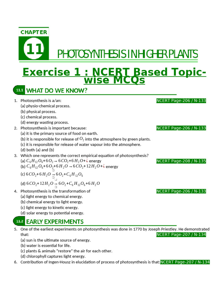 NCERT Photosynthesis MCQs Guide | PDF | Photosynthesis | Chloroplast