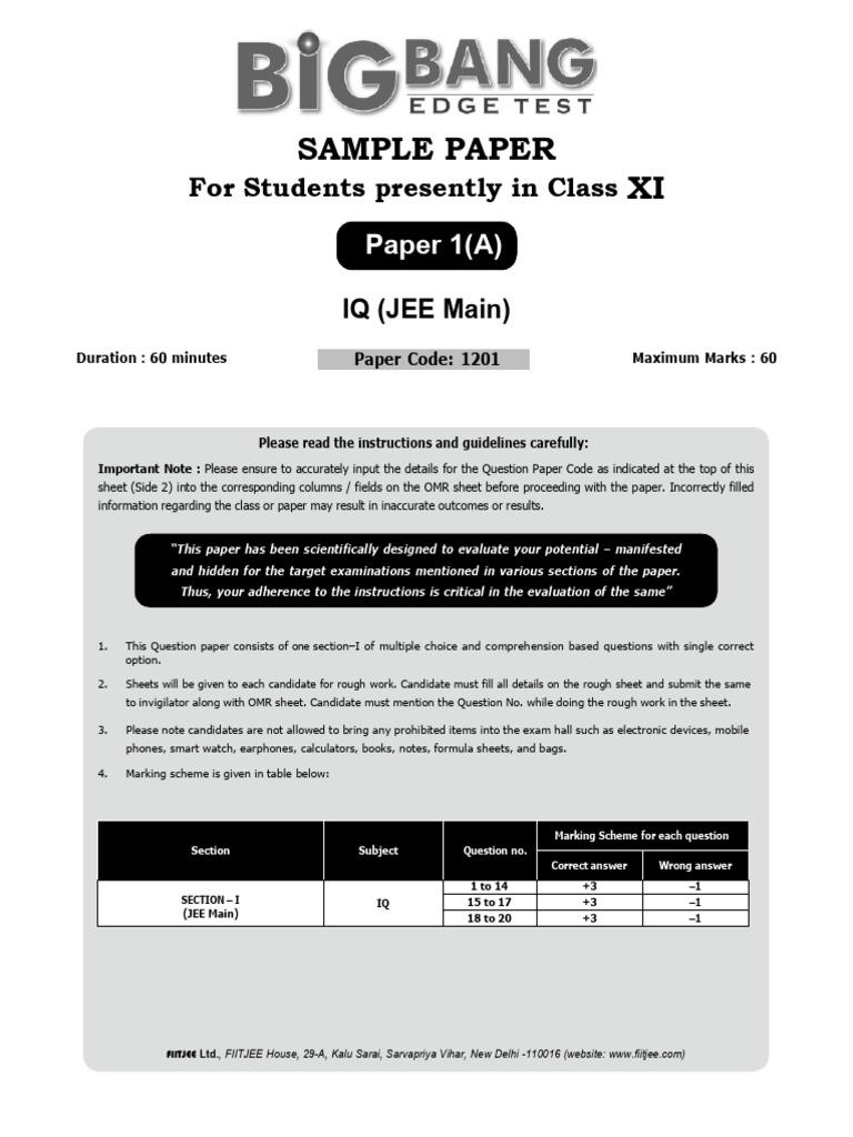 JEE Main IQ Sample Paper for Class XI | PDF