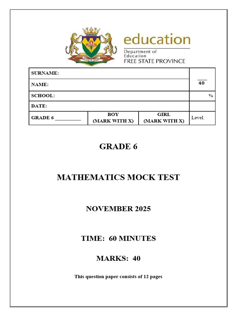 Grade 6 Mathematics Mock Test 2025 | PDF | Mathematics | Geometry