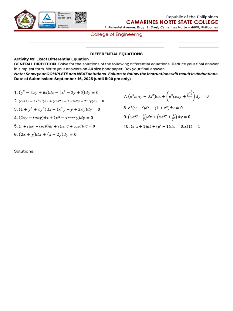 Exact Differential Equations Activity | PDF