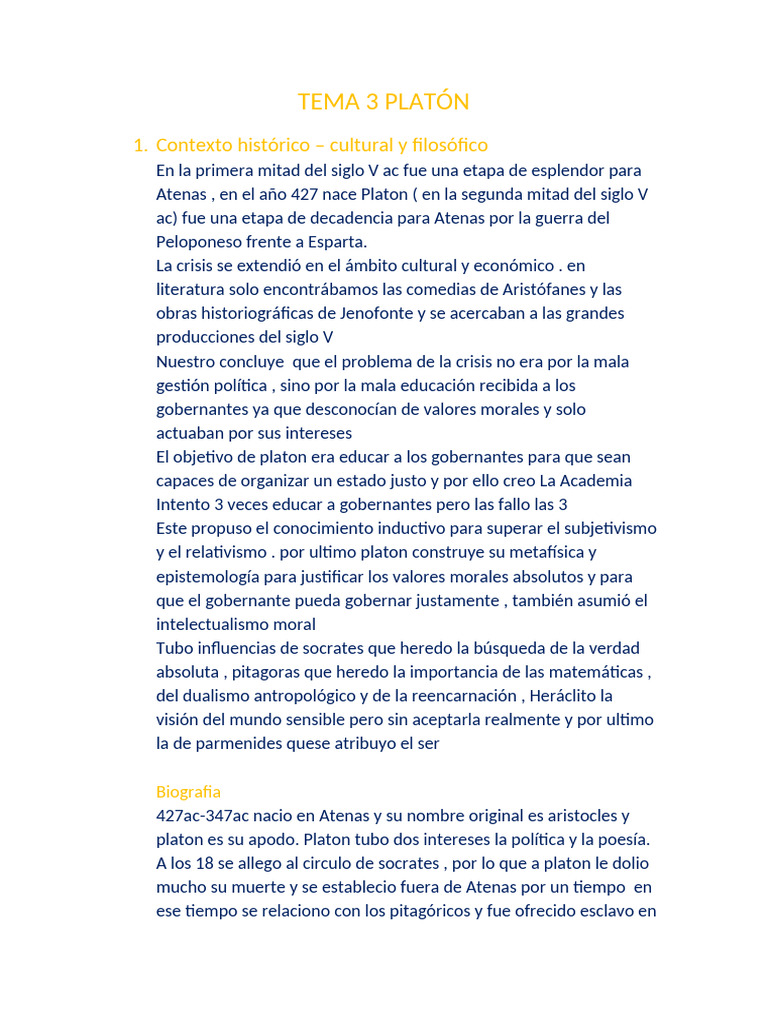 TEMA 3 PLATÓN | PDF | Platón | Metafísica