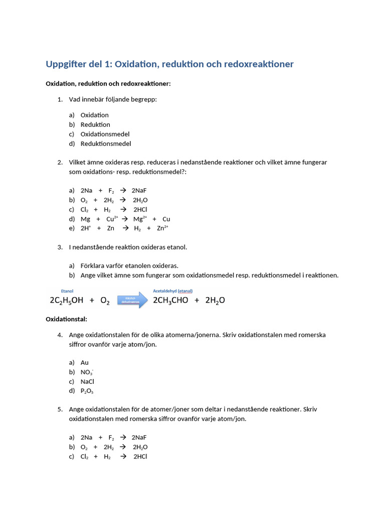 Uppgifter Del 1 Oxidation Reduktion Och Redoxreaktioner | PDF