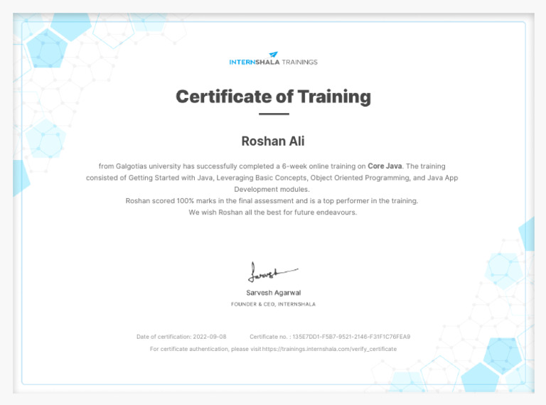 Core Java Training - Certificate of Completion ROSHAN ALI | PDF