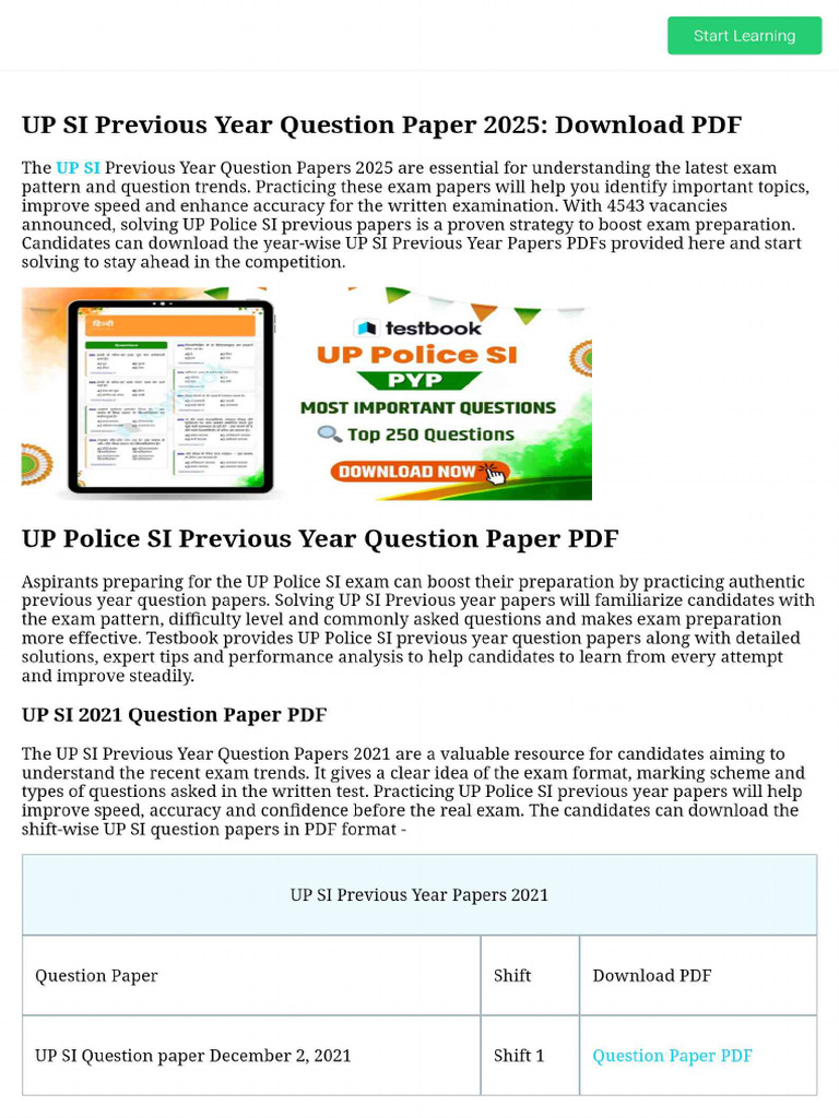 UP SI Previous Year Question Paper 2025 - Download PDF | PDF