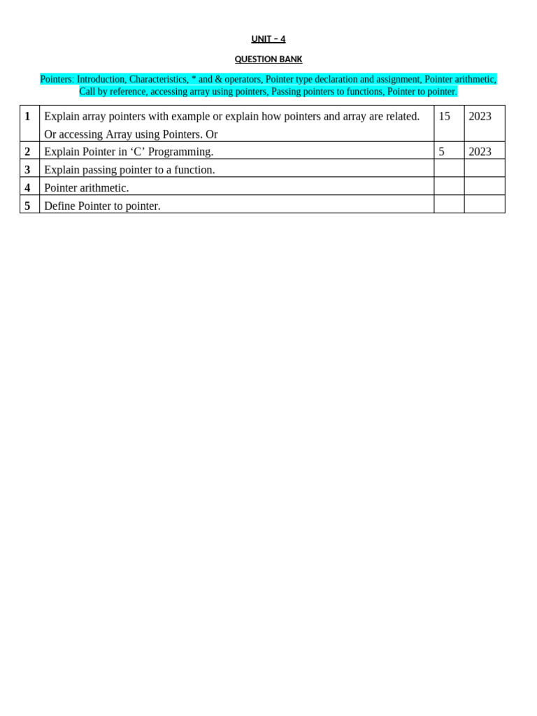 UNIT 4 Pointers Question Bank | PDF | Pointer (Computer Programming) | Integer (Computer Science)