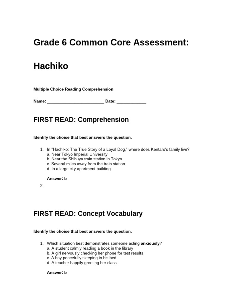 Grade 6 Common Core Assessment - Hachiko (Different Questions) | PDF