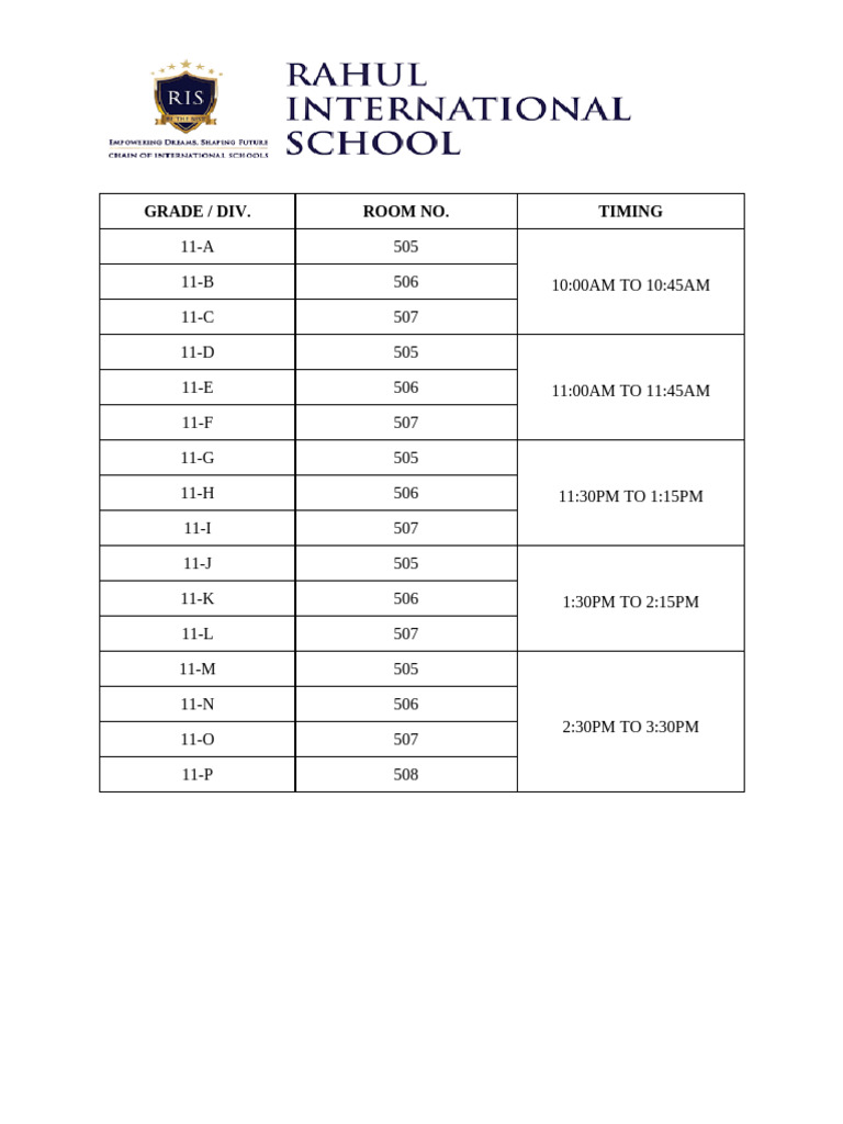 Grade 11 Class Schedule and Rooms | PDF