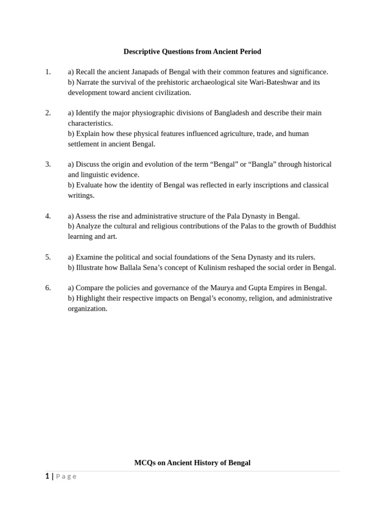Descriptive Questions From Ancient Period | PDF | Bengal