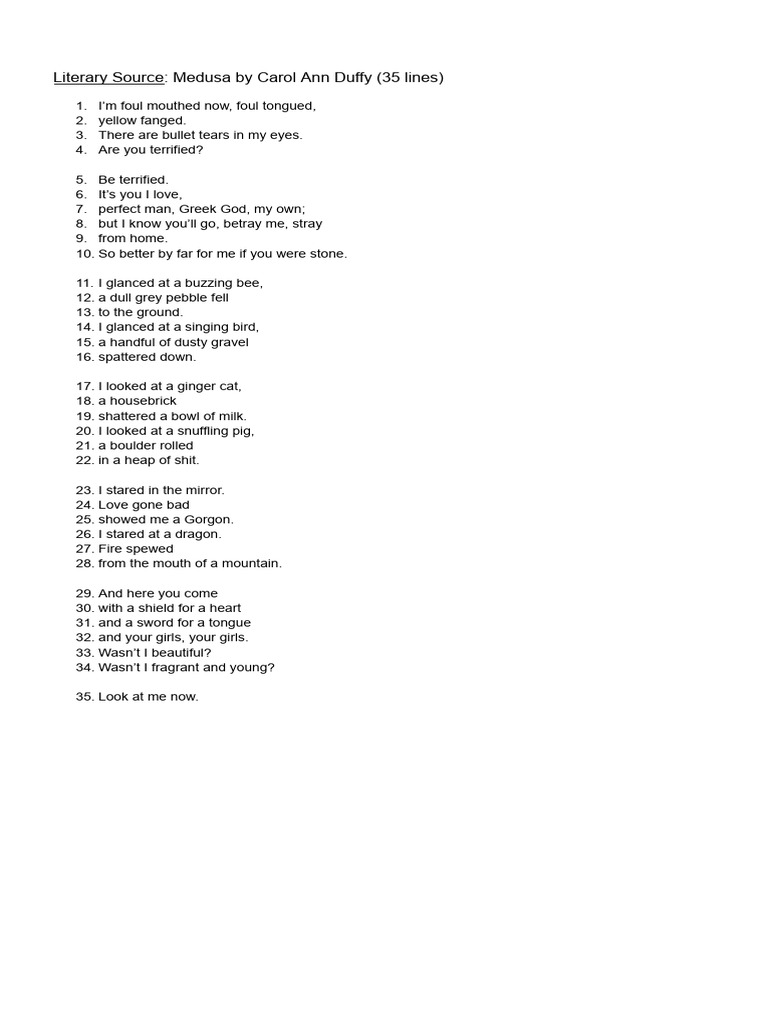Medusa Poem Analysis by Carol Ann Duffy | PDF