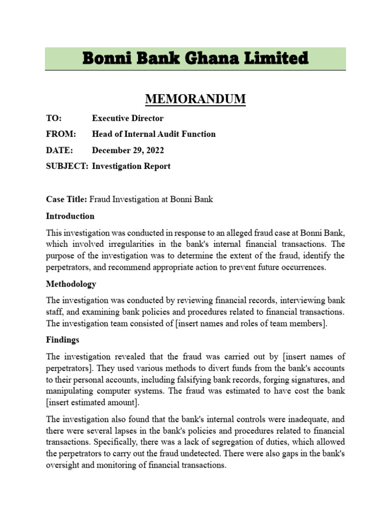 Investigation Report Bonni Bank | PDF | Internal Control | Fraud
