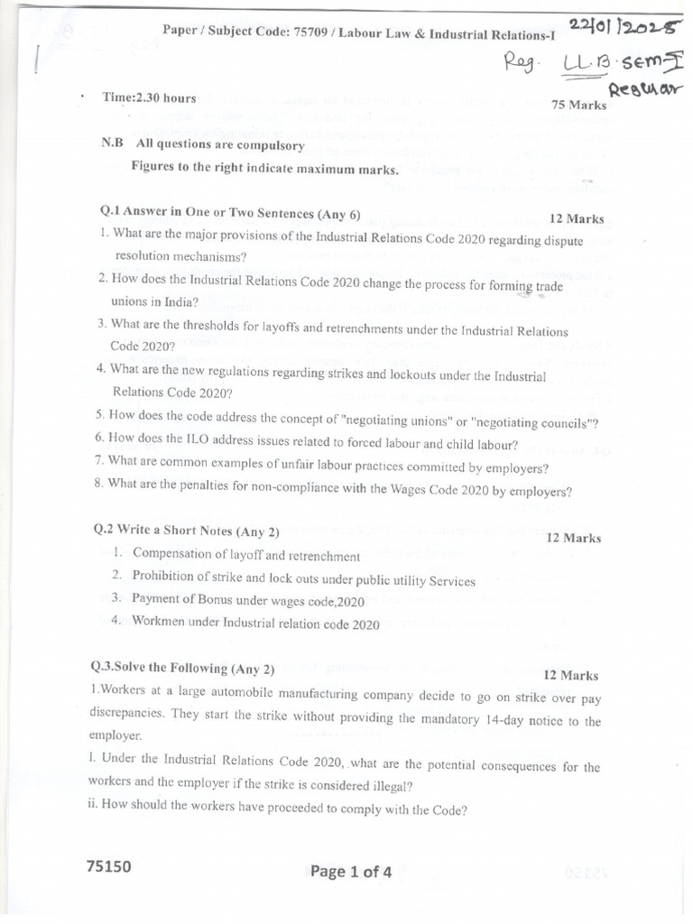 Fyllb - Labour Law & Industrial Relations-I LLB Sem-I Regular Marks - 75 | PDF
