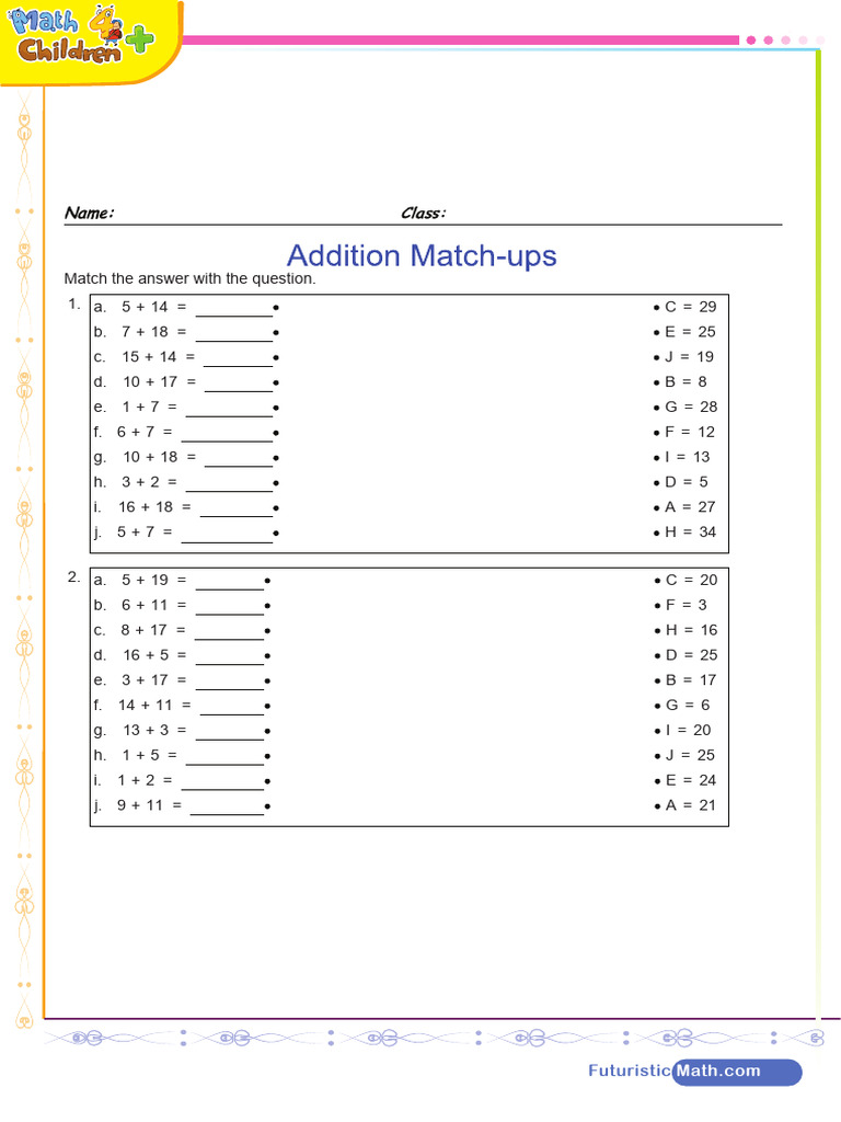 Addition Matchup Exercise 2 Worksheet | PDF