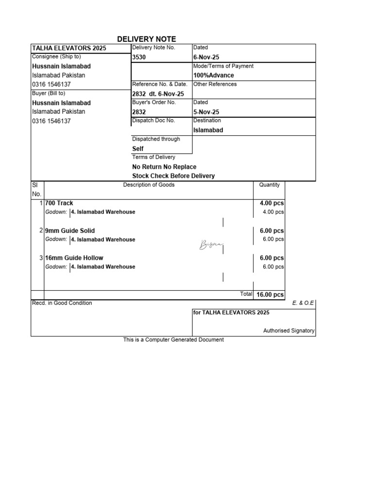 Delivery Note for Talha Elevators | PDF