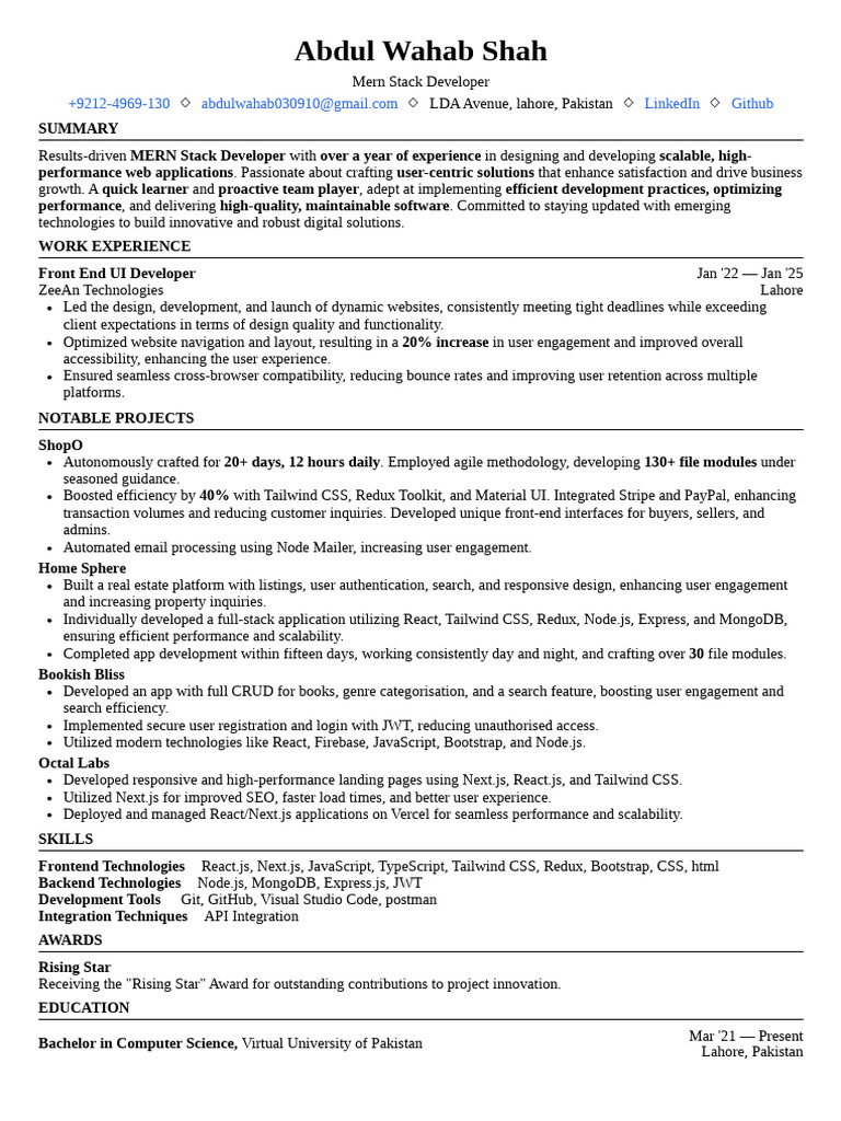 Abdul Wahab Mern Stack Resume | PDF | Software Development | Information Technology