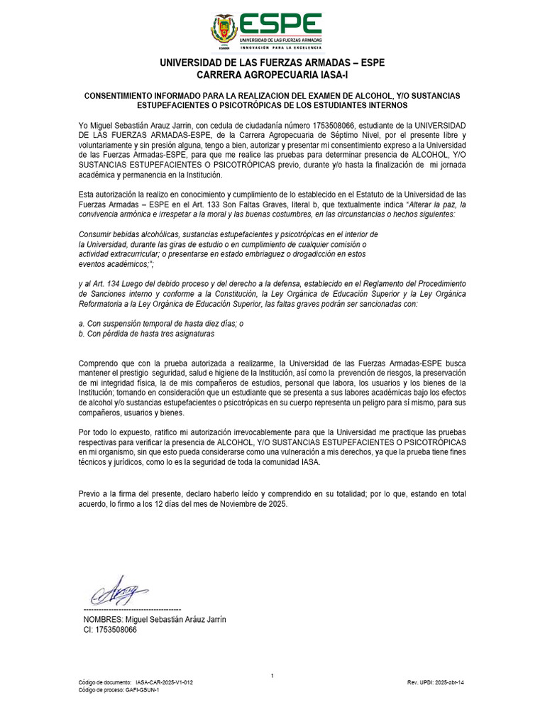 Arauz Miguel Carta Compromiso Alcohol | PDF | Justicia | Crimen y violencia
