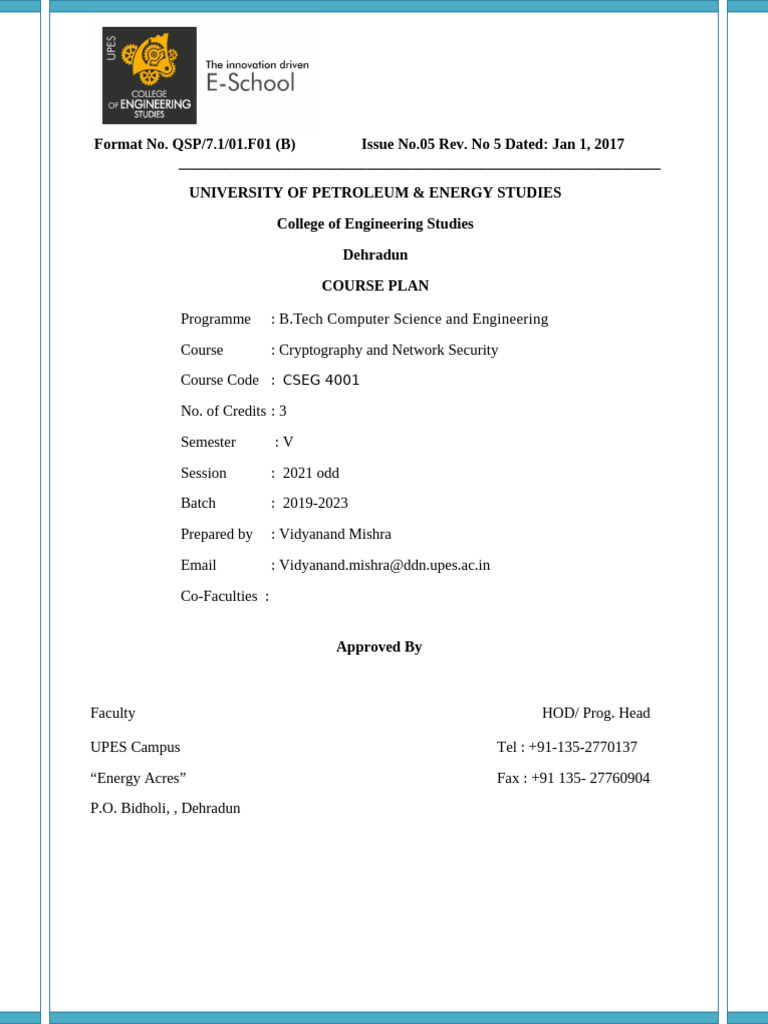 Course Plan - CSEG4001 Crytography and Network Security (CNS) Theory | PDF | Encryption ...