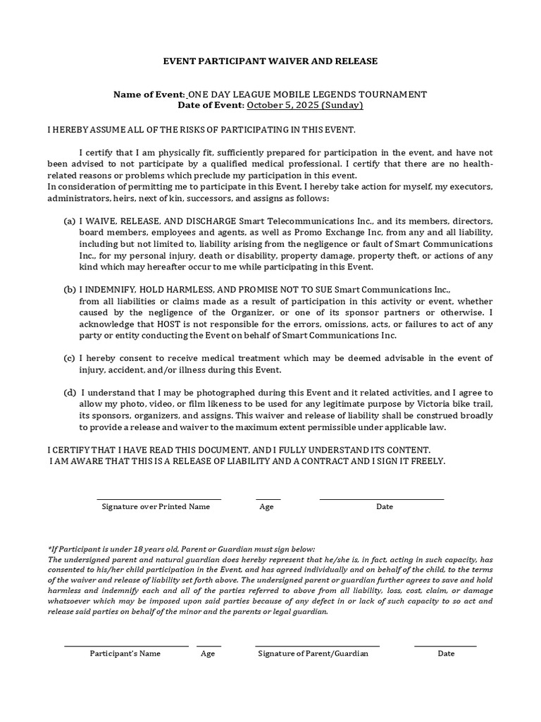 Event Participant Waiver and Release | PDF | Legal Liability | Indemnity
