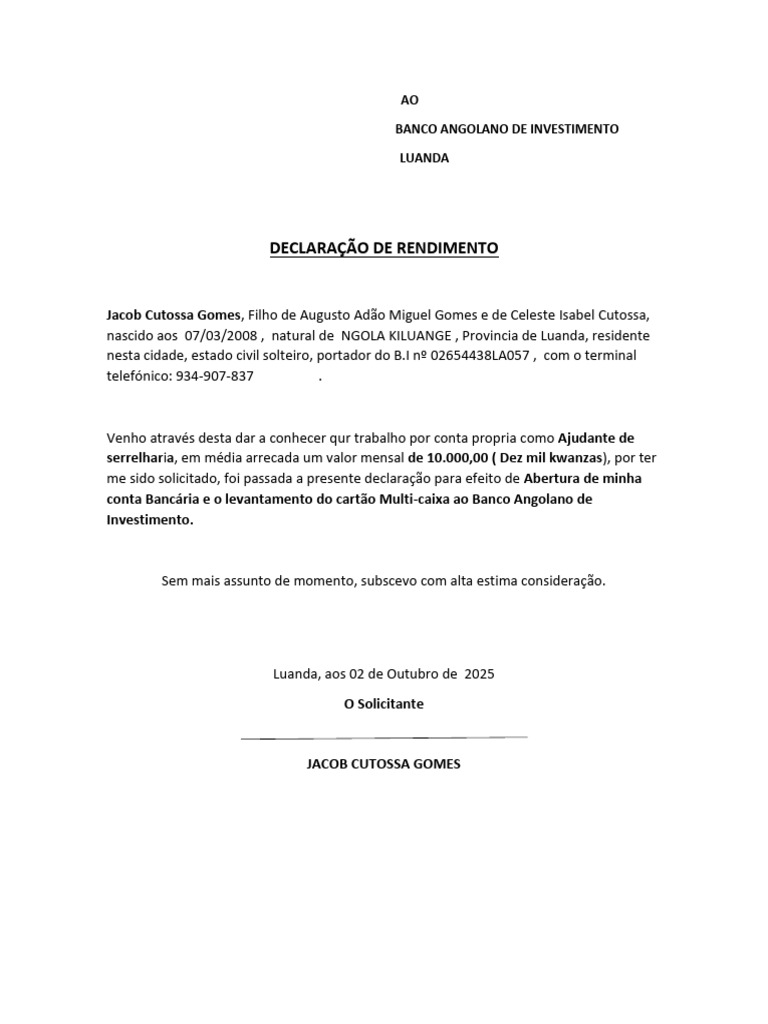 Declaração de Rendimento de Jacob Gomes | PDF
