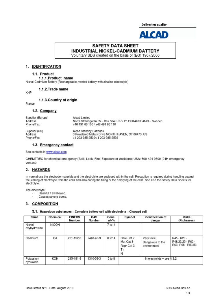 SDS Alcad BDX en Aug10 | PDF | Battery (Electricity) | Cadmium