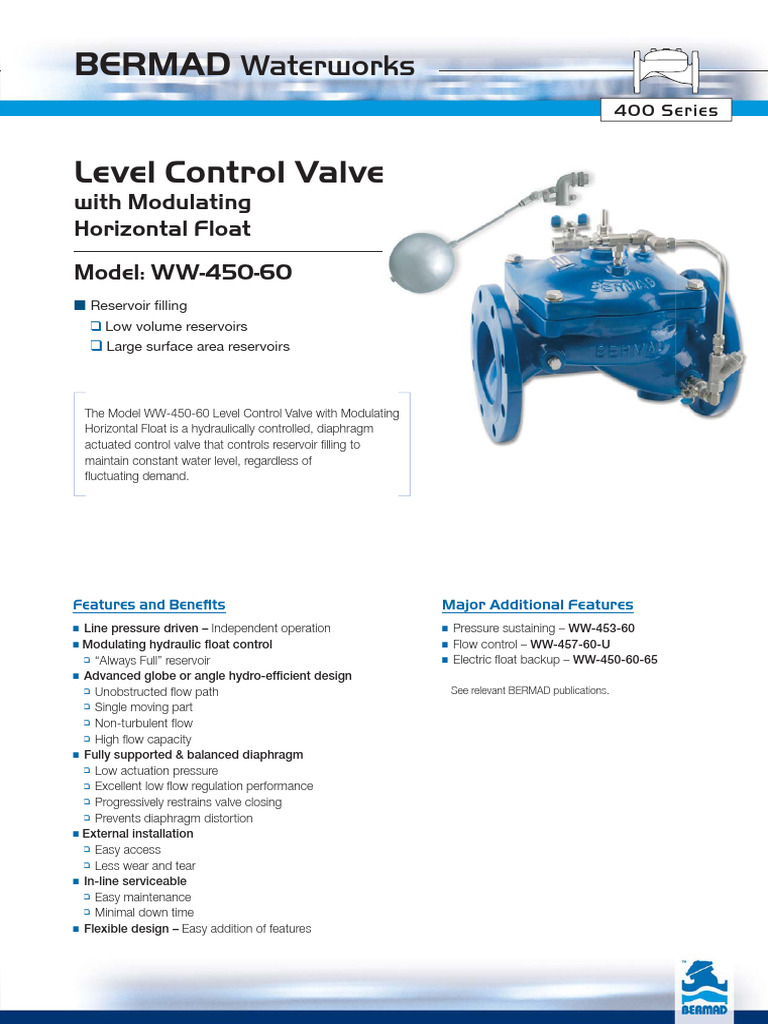 BERMAD WW-450-60 Level Control Valve | PDF | Valve | Pipe (Fluid ...
