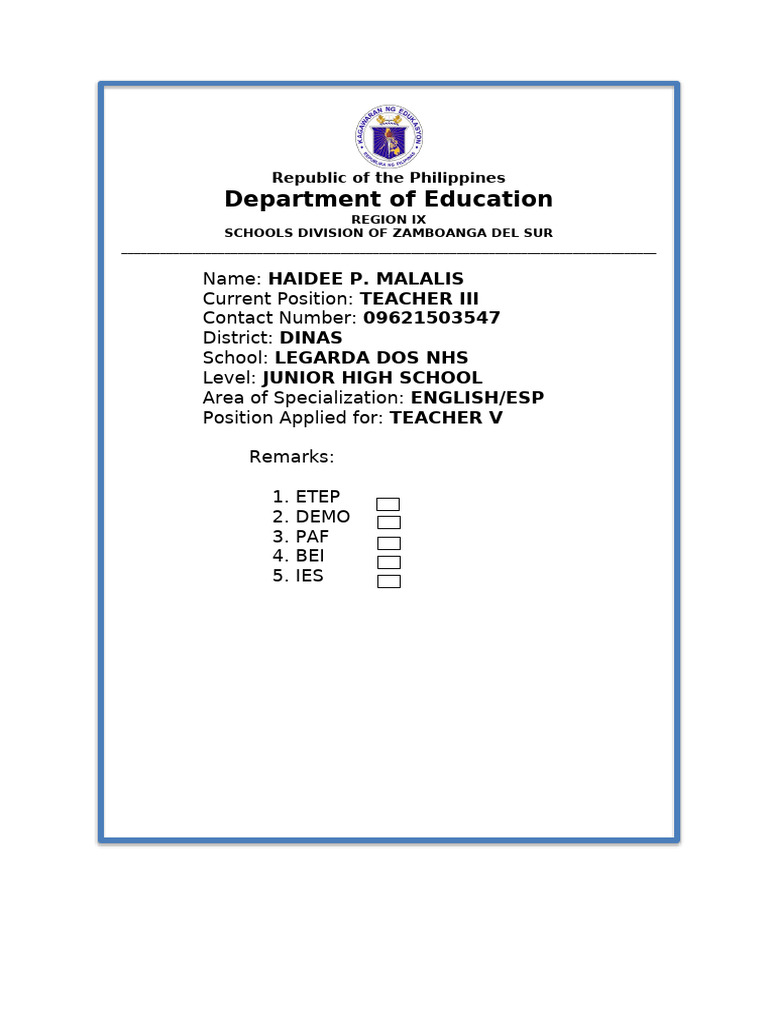 Folder Cover Page of Pertinent Documents For Application | PDF