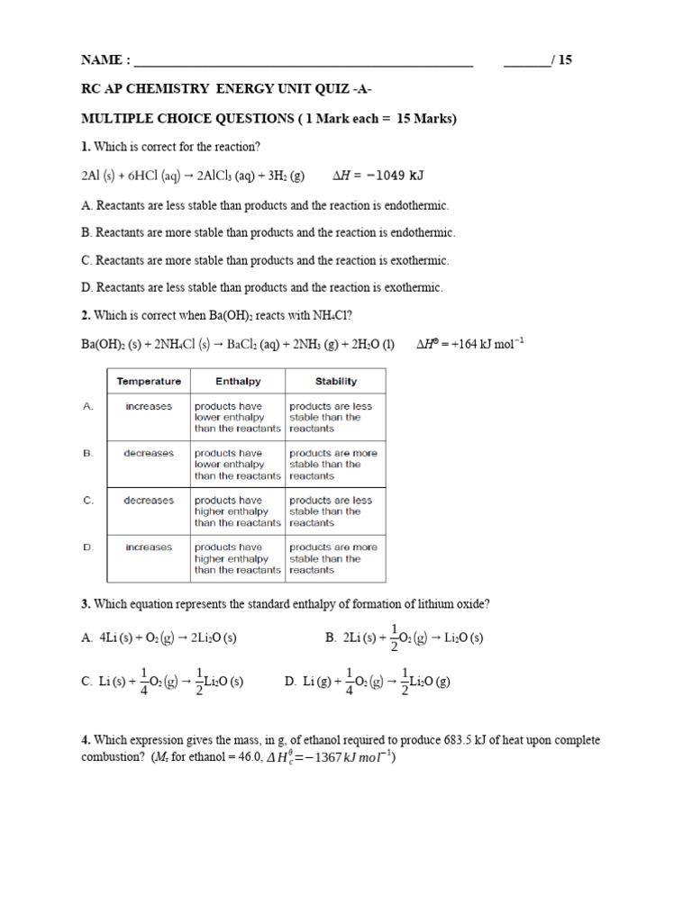 ENERGY QUIZ A and B | PDF | Chemical Reactions | Enthalpy