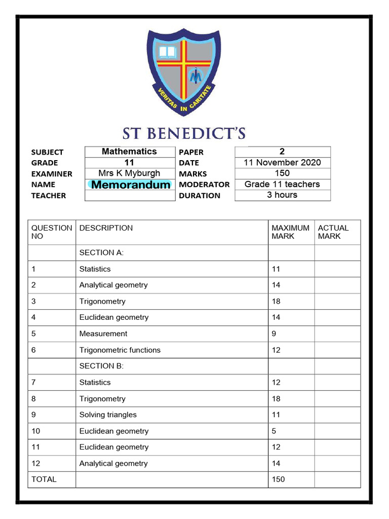 2b. Grade 11 Paper 2 2020 Memo | PDF | Trigonometry | Geometry