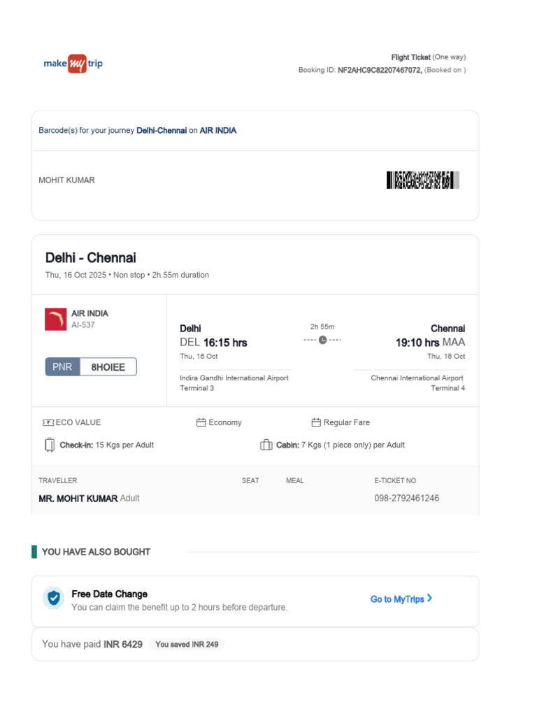 NF2AHC9C82207467072_Eticket | PDF | Identity Document | Transport