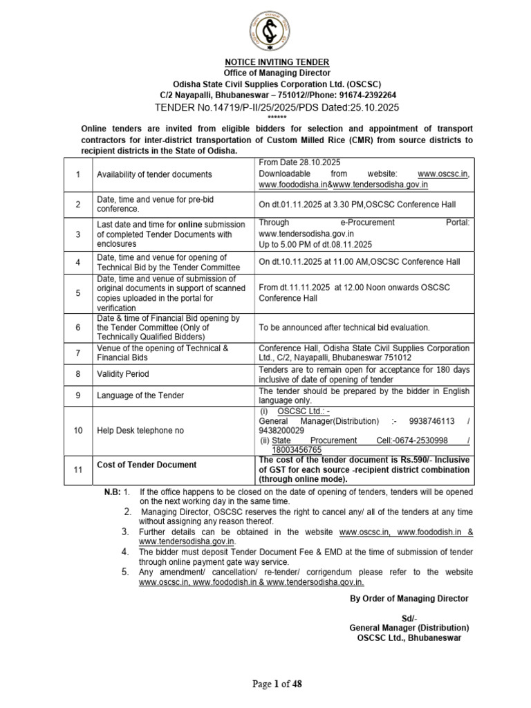Odisha CMR Transporting Tender | PDF | Sole Proprietorship | Business