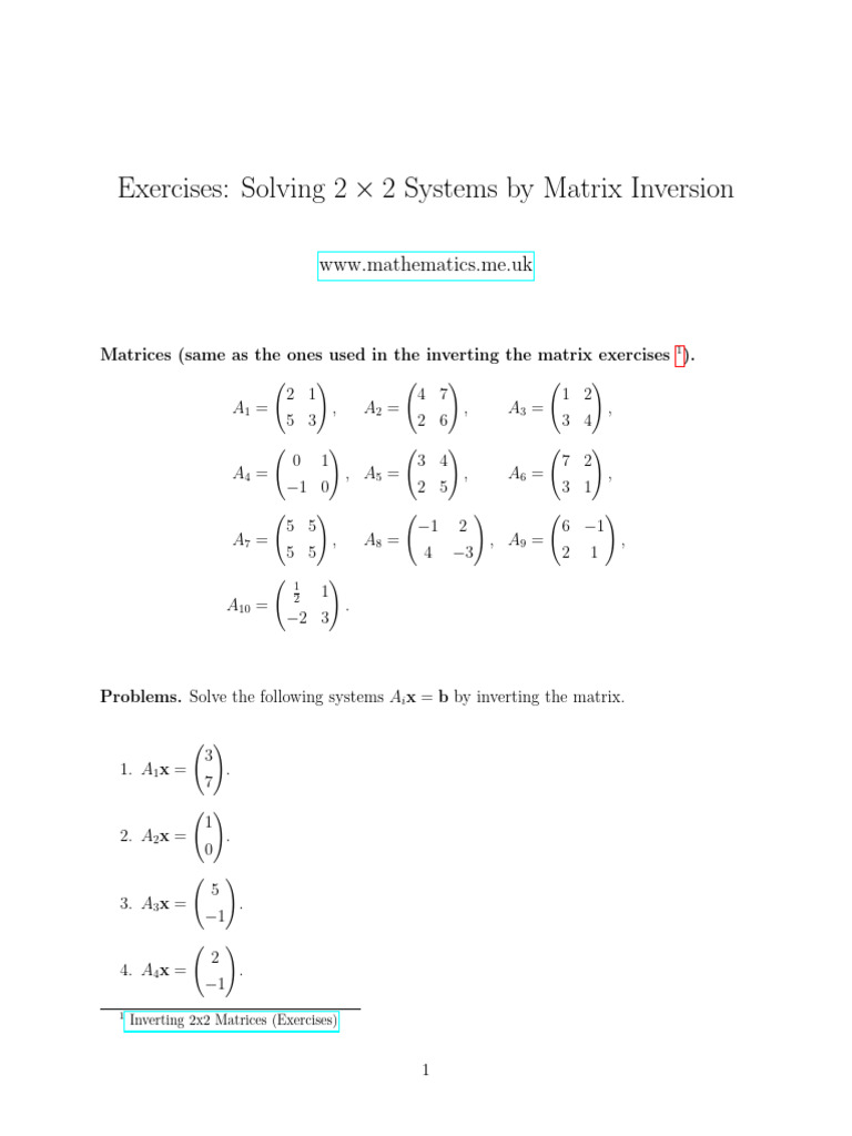 Matrix Inversion Exercises for 2x2 Systems | PDF | Mathematical ...