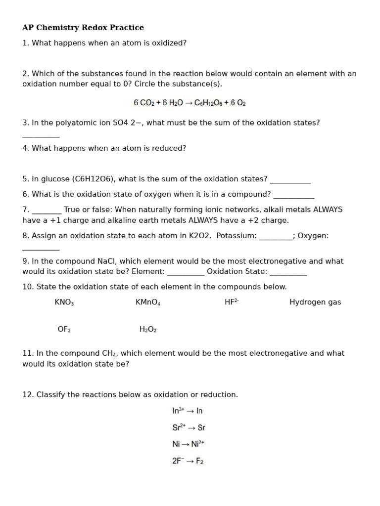 AP Chemistry Redox Practice | PDF | Redox | Chemical Compounds