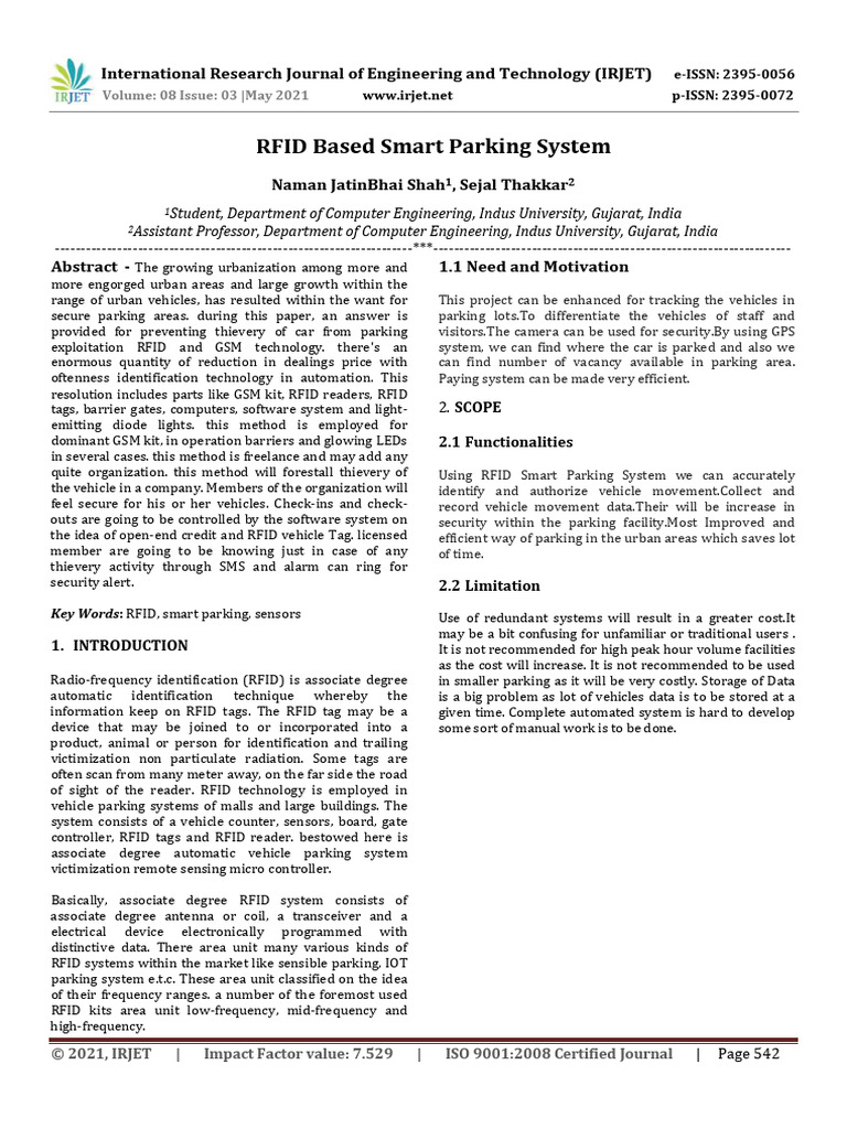 IRJET RFID Based Smart Parking System | PDF | Radio Frequency ...