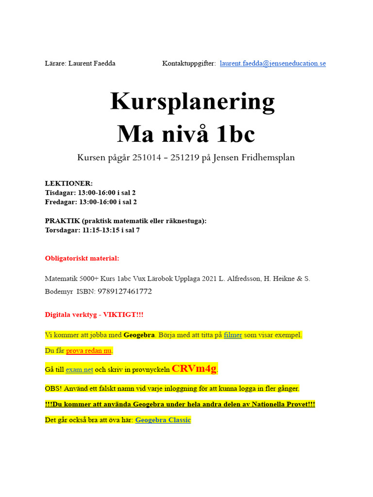 Kursplanering Ma Niva%CC%8A 1bc Em TF P5 25 LF Fridh.pdf | PDF