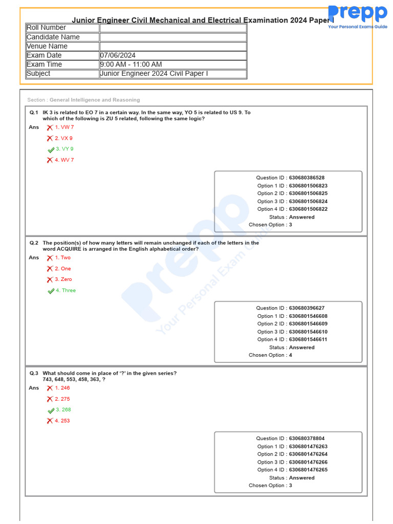 SSC JE 2024 Paper 1 Civil Question Paper With Answer Key PDF English ...