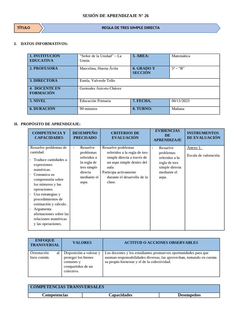 Sesión 26 - Matemática - Regla de tres simple - 5° | PDF | Aprendizaje | Maestros