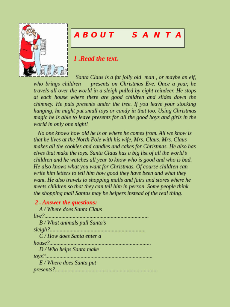 About Santa Reading Comprehension Exercises 63241 | PDF