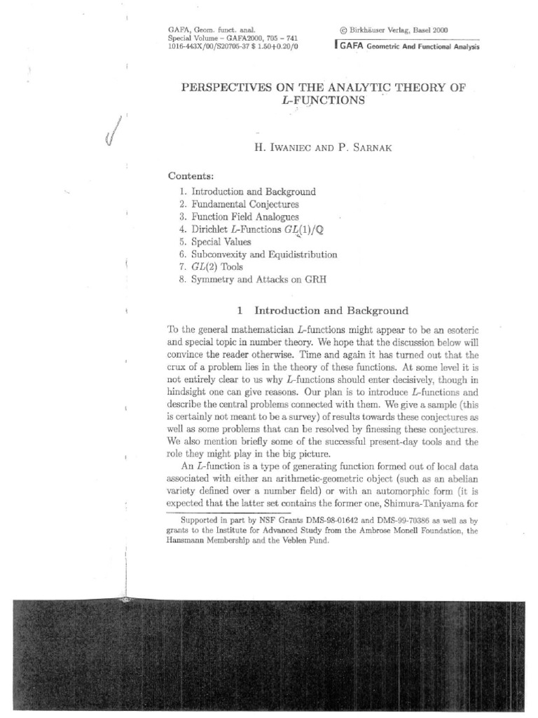 Perspectives on the Analytic Theory of L-functions | PDF