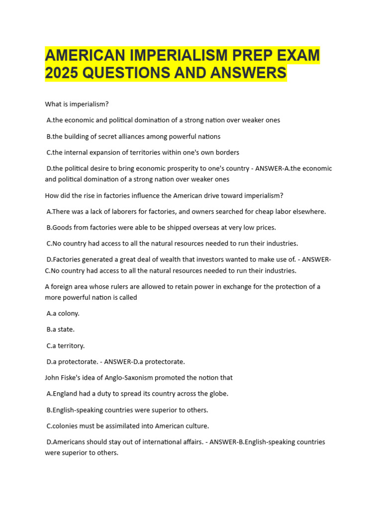 American Imperialism Prep Exam 2025 Questions and Answers | PDF | Cuba ...