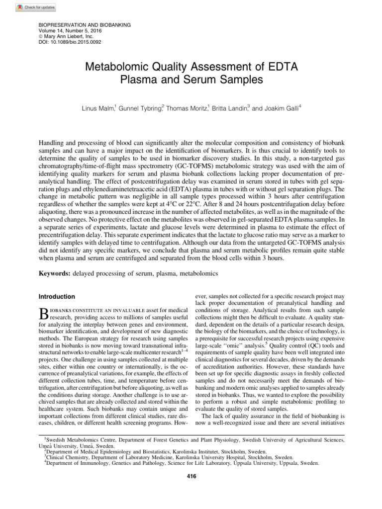 Malm Et Al 2016 Metabolomic Quality Assessment of Edta Plasma and Serum ...