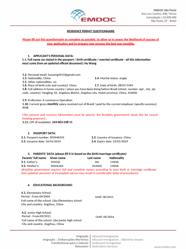 Questionnaire (Residence Permit | PDF