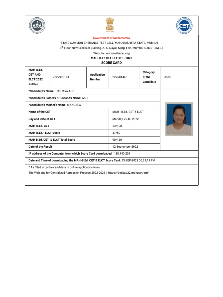 MAH B.Ed CET & ELCT 2022 Score Card | PDF