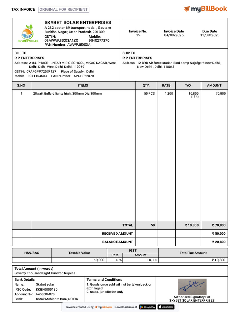 Tax Invoice for Skybet Solar Enterprises | PDF | Public Finance | Taxation