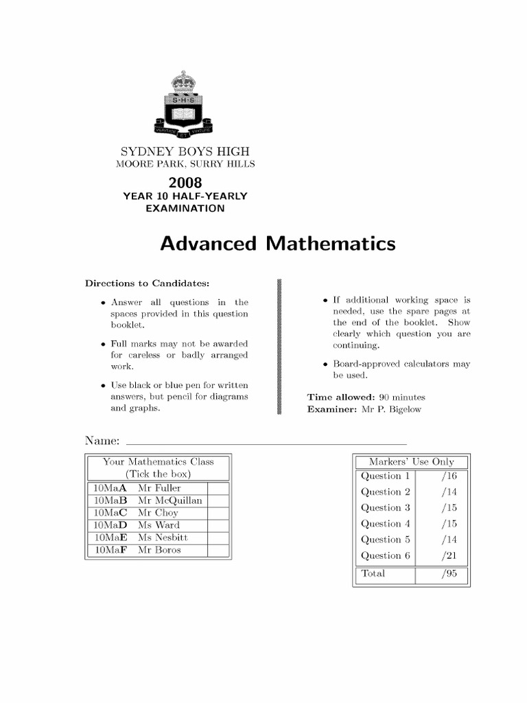 Sydney Boys 2008 Year 10 Maths HY & Solutions | PDF