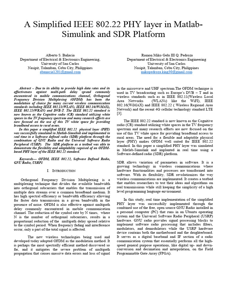 A Simplified IEEE 802.22 PHY Layer in Matlab-Simulink and SDR Platform ...